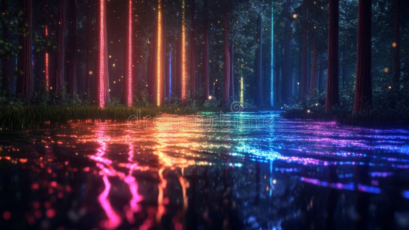 Magical Forest at Night with Rainbow Lights and Glowing Water Stock ...