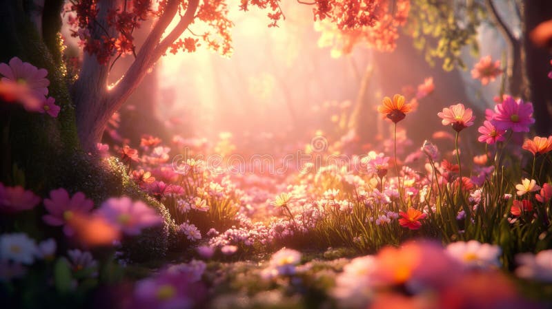 Magical Forest Path with Blooming Pink and Orange Flowers Stock ...