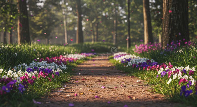 Magical Forest Path with Blooming Purple and White Flowers Stock ...