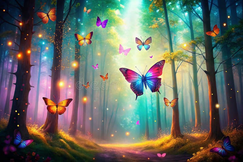 Magical Forest Path with Colorful Butterflies, Glowing Light Stock ...