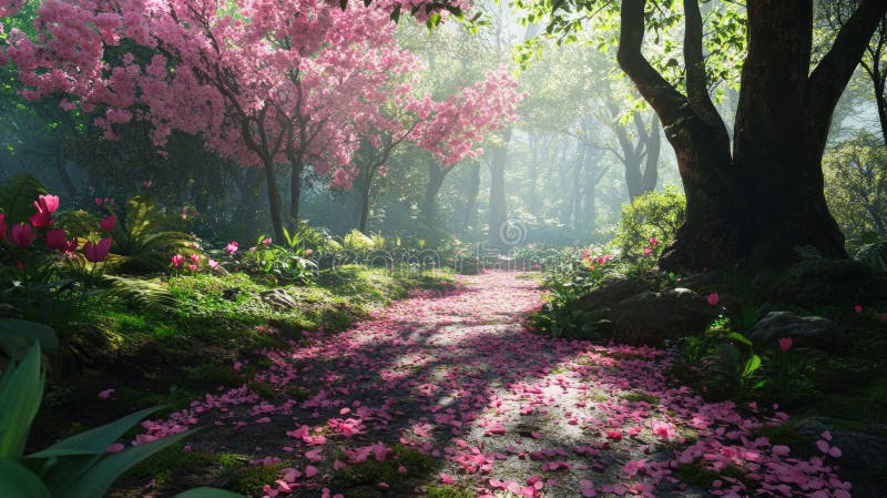 A Magical Forest Path Covered in Pink Petals, Surrounded by Blooming ...
