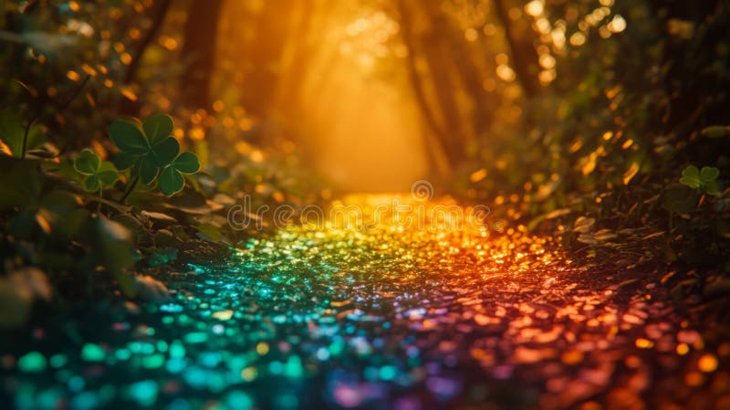 Magical Forest Path Glimmering with Rainbow Dust Stock Illustration ...