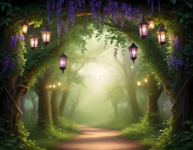 A Magical Forest Path with a Glowing Archway Stock Illustration ...