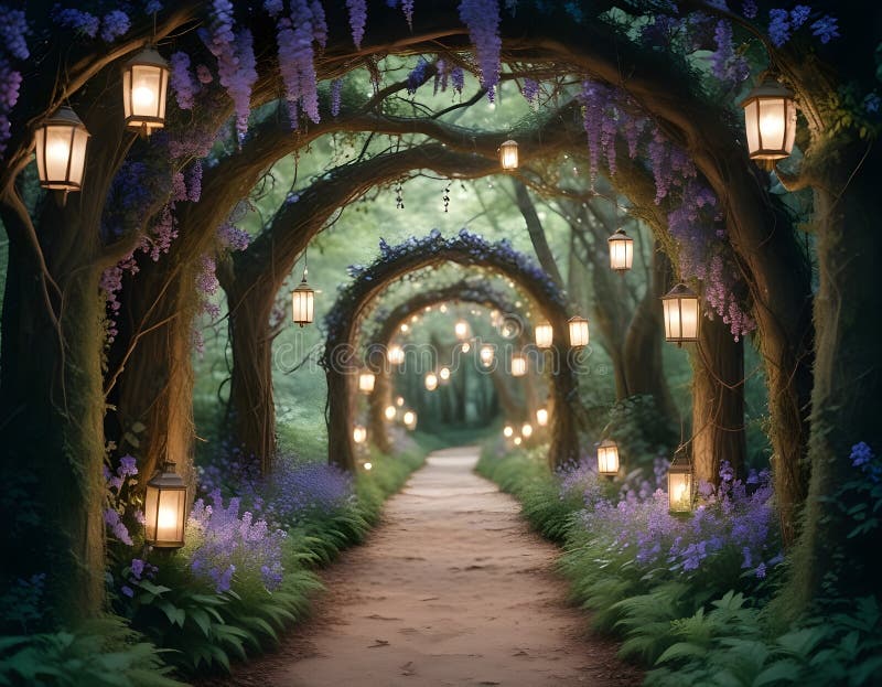 A Magical Forest Path with a Glowing Archway Stock Illustration ...