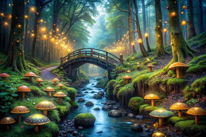 Magical Forest Path with Glowing Bridge and Mushrooms Stock ...