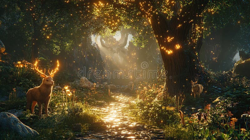 Magical Forest Path with Glowing Deer and Trees Stock Illustration ...