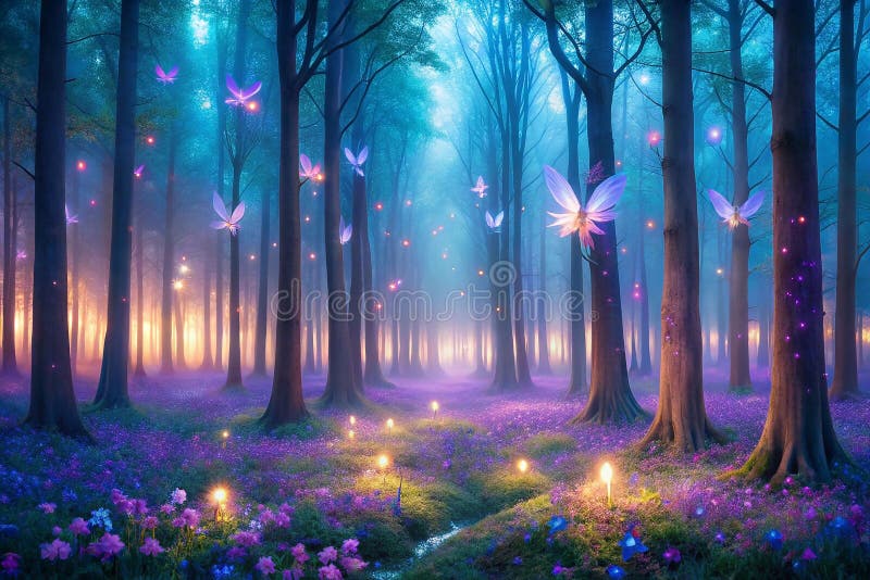 Magical Forest Path with Glowing Fairies at Dusk Stock Illustration ...