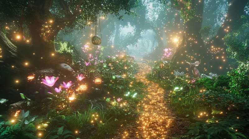 Magical Forest Path with Glowing Flowers and Fireflies Stock ...