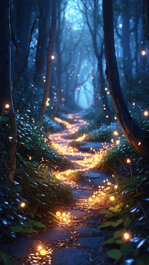 Magical Forest Path Glows with Tiny, Warm Lights. the Path Winds ...