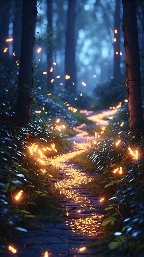 Magical Forest Path Glows with Tiny, Warm Lights. the Path Winds through Lush Green Foliage and ...