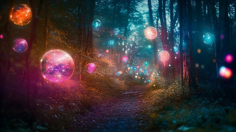 Magical Forest Path Illuminated by Glowing Spheres of Light in a ...