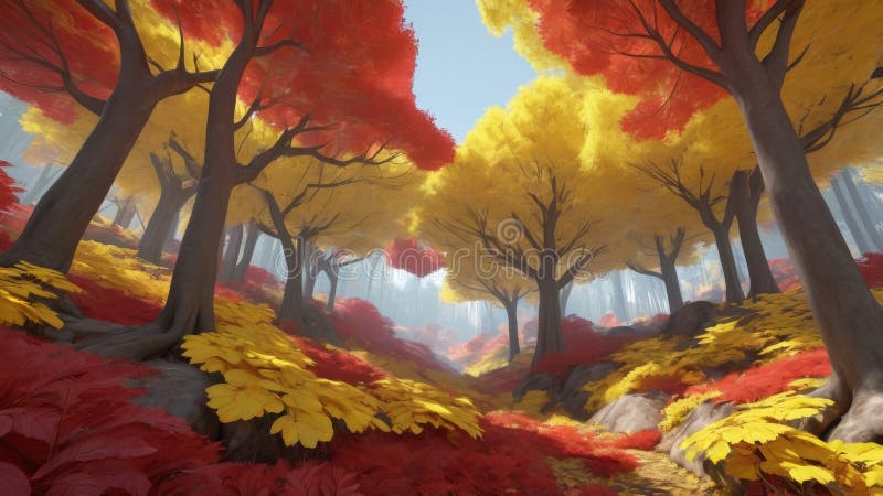 A Magical Forest Path Lined with Trees in Vibrant Fall Colors Stock ...