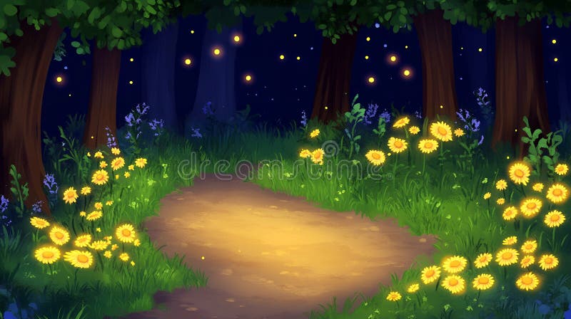 A Magical Forest Path Lit by Fireflies Stock Illustration ...