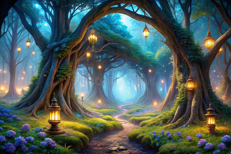 Magical Forest Path Lit by Lanterns at Night Stock Illustration ...