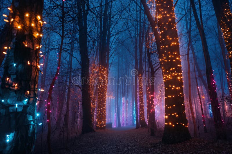 Magical Forest Path Lit by String Lights in Blue Hour Stock ...