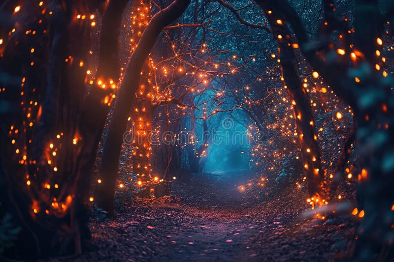 Magical Forest Path Lit by String Lights Leading into the Distance ...
