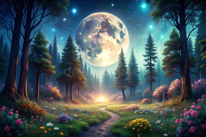 Magical Forest Path at Night with a Giant Moon and Stars Stock Photo ...