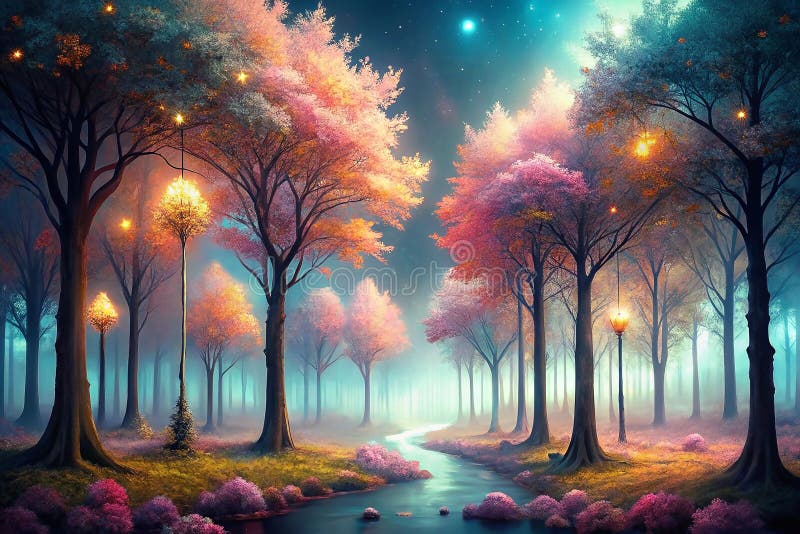 Magical Forest Path at Night with Glowing Lamps Stock Illustration ...