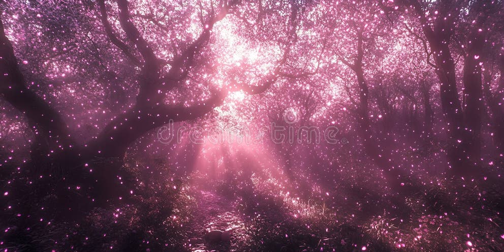 A Magical Forest Path with Pink Petals Falling and Sunlight Shining ...