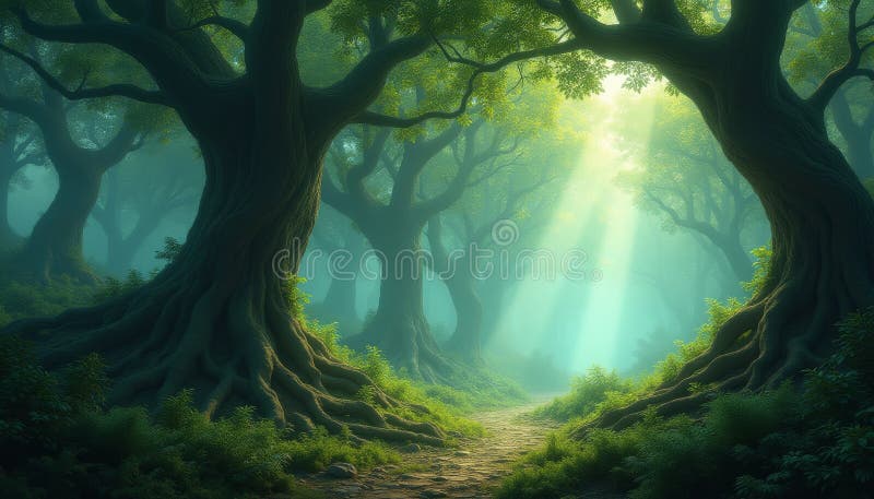 Magical Forest Path with Sun Rays Streaming through Ancient Trees Stock ...