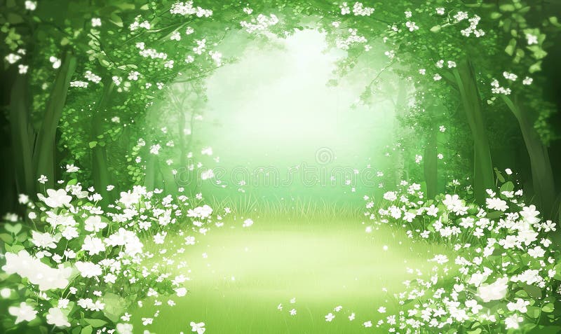 Magical Forest Path with White Blossoms, Sunlit Clearing, Idyllic ...