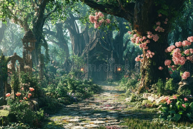 Magical Forest Pathway with Blooming Flowers and Ancient Ruins at Dawn ...