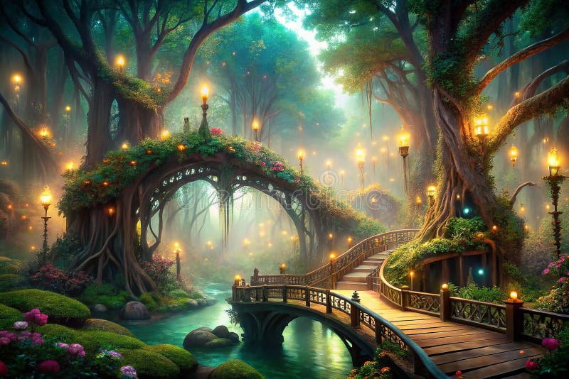 Magical Forest Pathway with Glowing Lanterns, Mystical Bridge Over ...