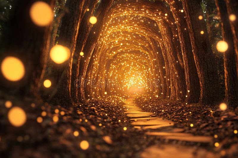 Magical Forest Pathway Illuminated by Glowing Lights at Twilight Stock ...