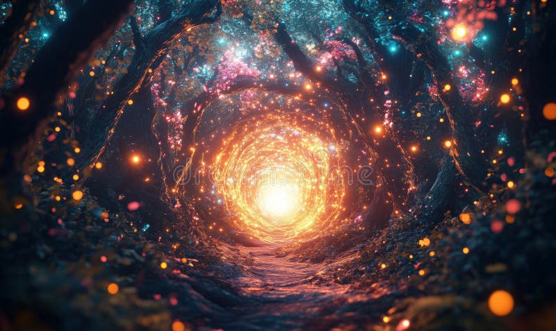 Magical Forest Pathway Illuminated by Glowing Orbs and Swirling Lights ...