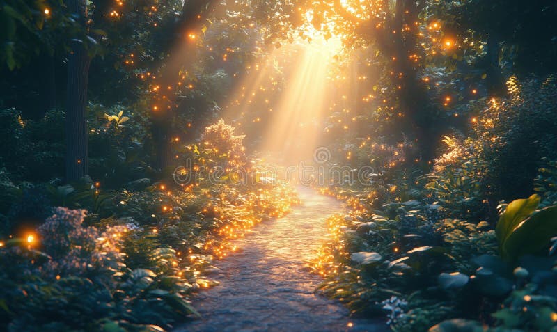 Magical Forest Pathway Illuminated by Sunlight and Fireflies in ...