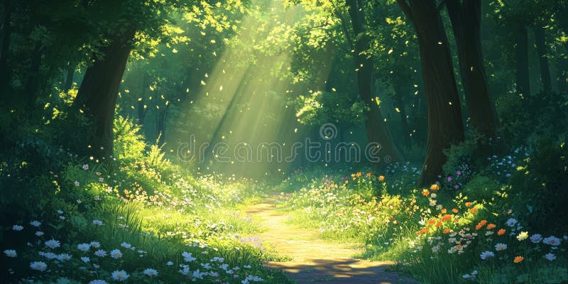 Magical Forest Pathway Illuminated by Sunlight through Green Canopy ...
