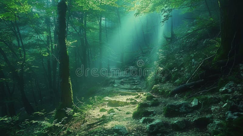 A Magical Forest Pathway Lit by Ethereal Sunlight Piercing through the ...