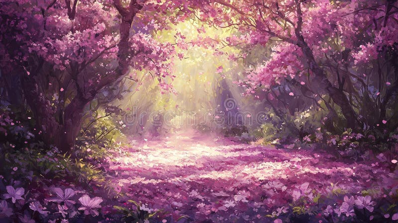 Magical Forest with Pink Cherry Blossoms Glowing with Sunlight Stock ...