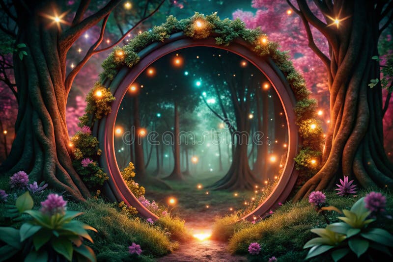 Magical Forest Portal, Glowing Trees, Mystical Gateway Stock Illustration - Illustration of pink ...
