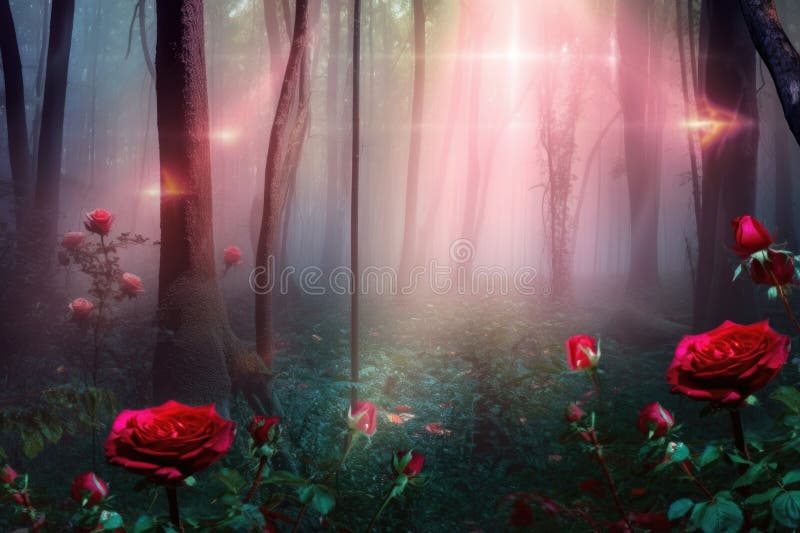 Magical Forest with Red Roses and Magic Wand Stock Illustration ...