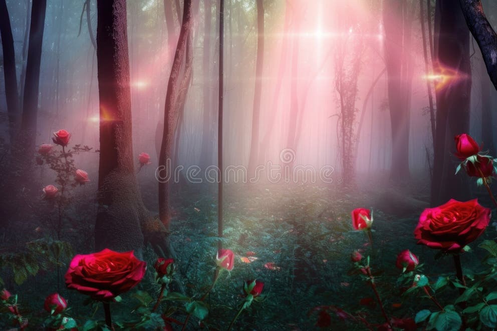 Magical Forest with Red Roses and Magic Wand Stock Illustration ...