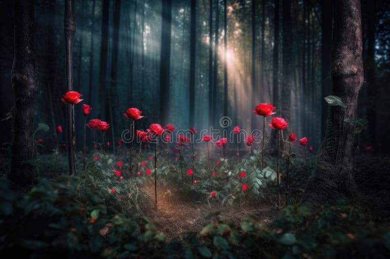 Magical Forest with Red Roses and Magic Wand Stock Illustration ...