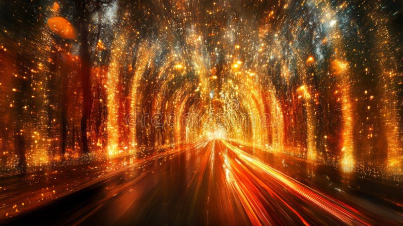 Magical Forest Road at Night with Glowing Lights Stock Illustration ...