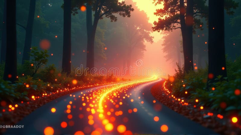 Magical Forest Road at Sunset Stock Illustration - Illustration of hour ...