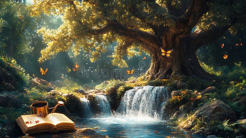 Magical Forest Scene with Ancient Tree, Waterfall, Open Book, and ...