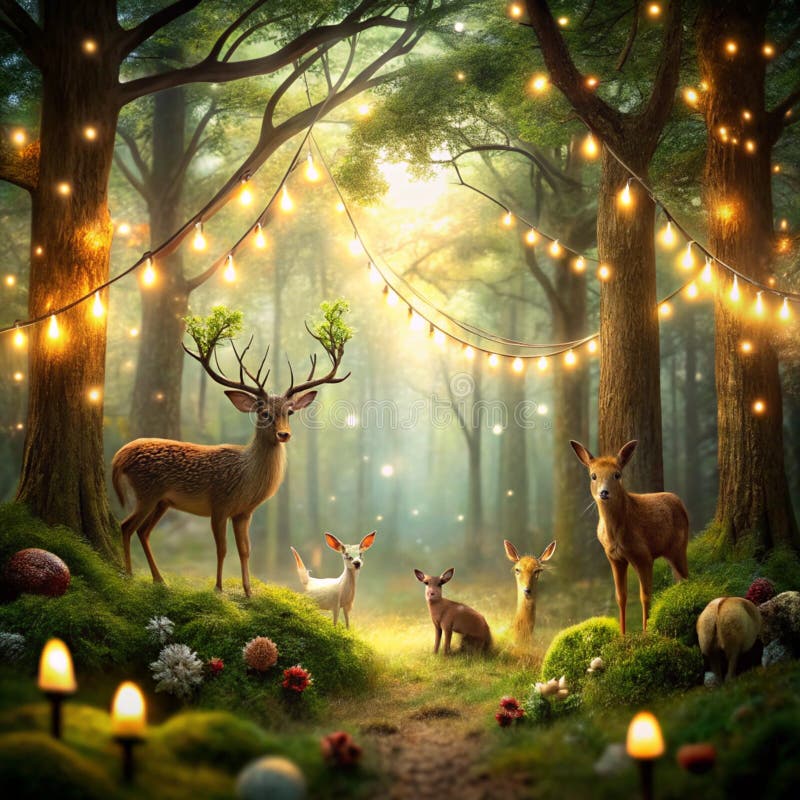 Magical Forest Scene with Fairy Lights and Enchanted Animals Stock ...