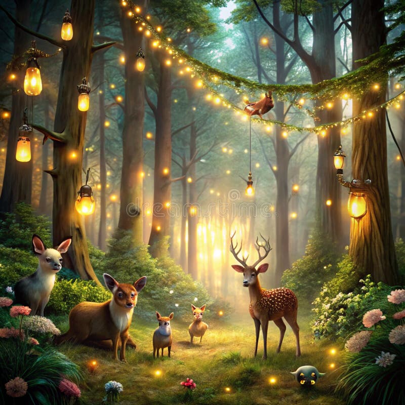 Magical Forest Scene with Fairy Lights and Enchanted Animals Stock ...