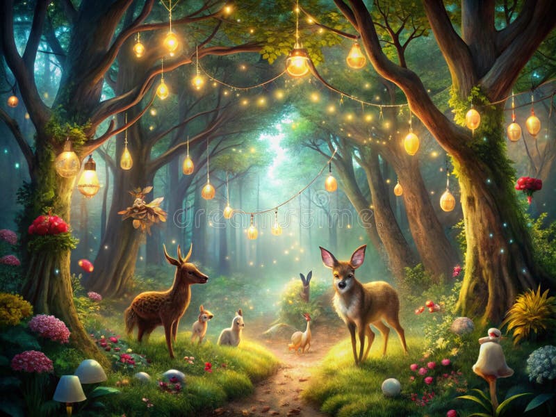 Magical Forest Scene with Fairy Lights and Enchanted Animals Stock ...