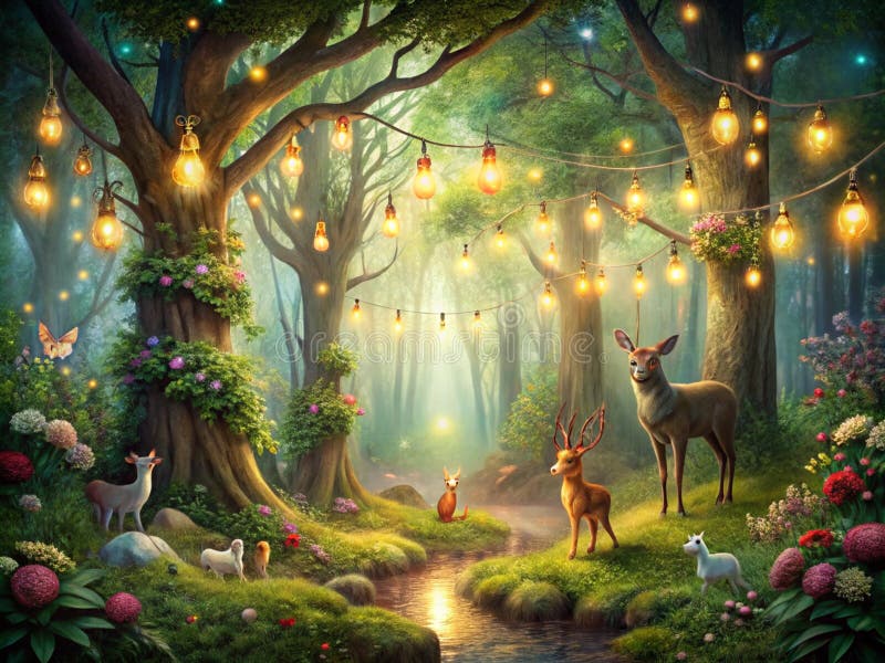Magical Forest Scene with Fairy Lights and Enchanted Animals Stock ...