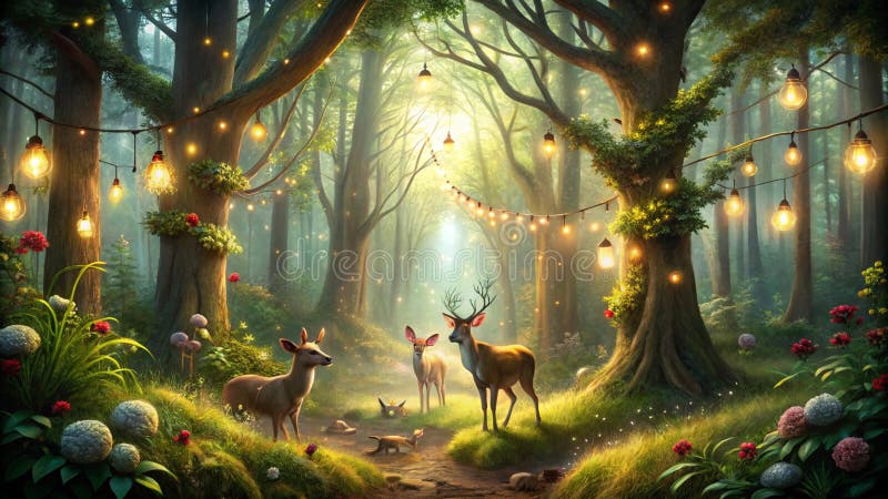 Magical Forest Scene with Fairy Lights and Enchanted Animals Stock ...
