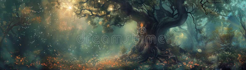 A Magical Forest Scene Featuring a Large Ancient Tree with Glowing ...