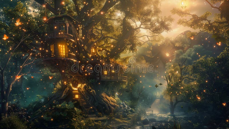 Magical Forest Scene with Floating Lights on an Old Tree Stock ...