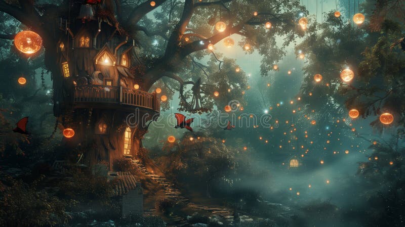 Magical Forest Scene with Floating Lights on an Old Tree Stock ...
