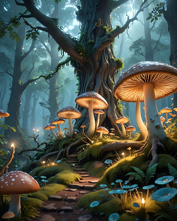 A Magical Forest Scene with Glowing Mushrooms Growing Around a Tree ...