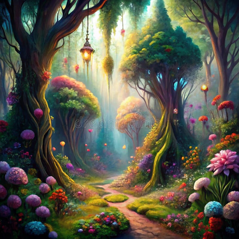 A Magical Forest Scene with a Path Leading through the Trees. Stock ...